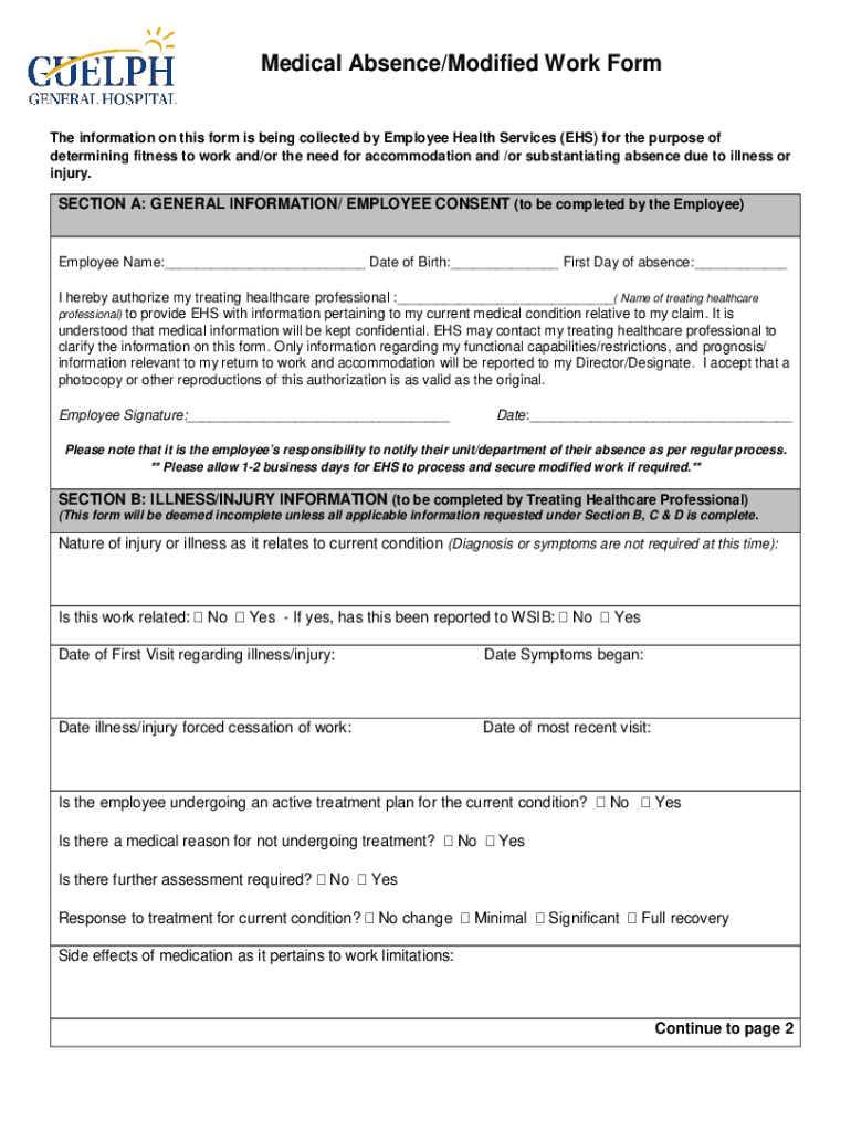 Fillable Online Medical Absence/Modified Work Form Fax Email Print ...