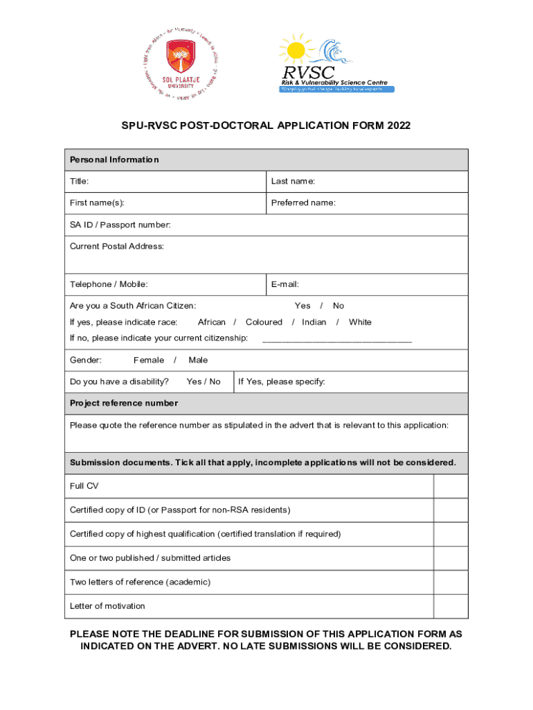 Fillable Online SPU-RVSC POST-DOCTORAL APPLICATION FORM 2022 Fax Email ...