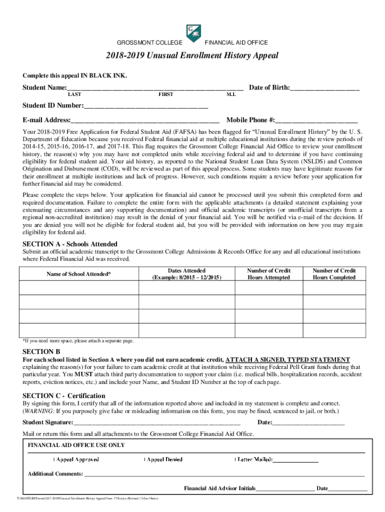 Fillable Online 2018-2019 unusual enrollment history appeal form Fax Email Print - pdfFiller