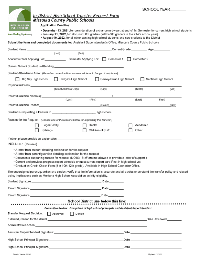 Fillable Online In-District High School Transfer Request Form Fax Email ...