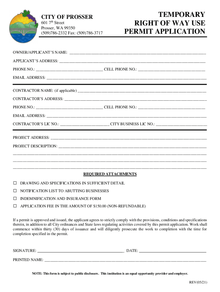 Fillable Online TEMPORARY RIGHT OF WAY USE PERMIT APPLICATION Fax Email ...