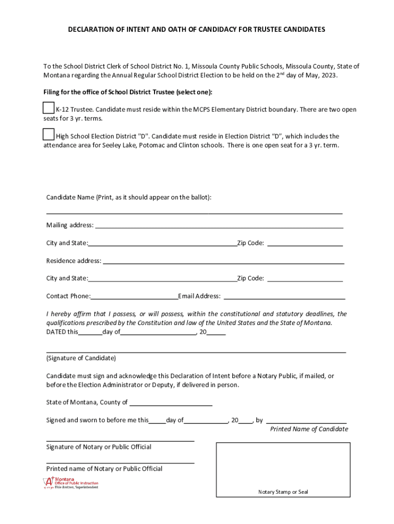 Fillable Online declaration of intent and oath of candidacy for trustee ...