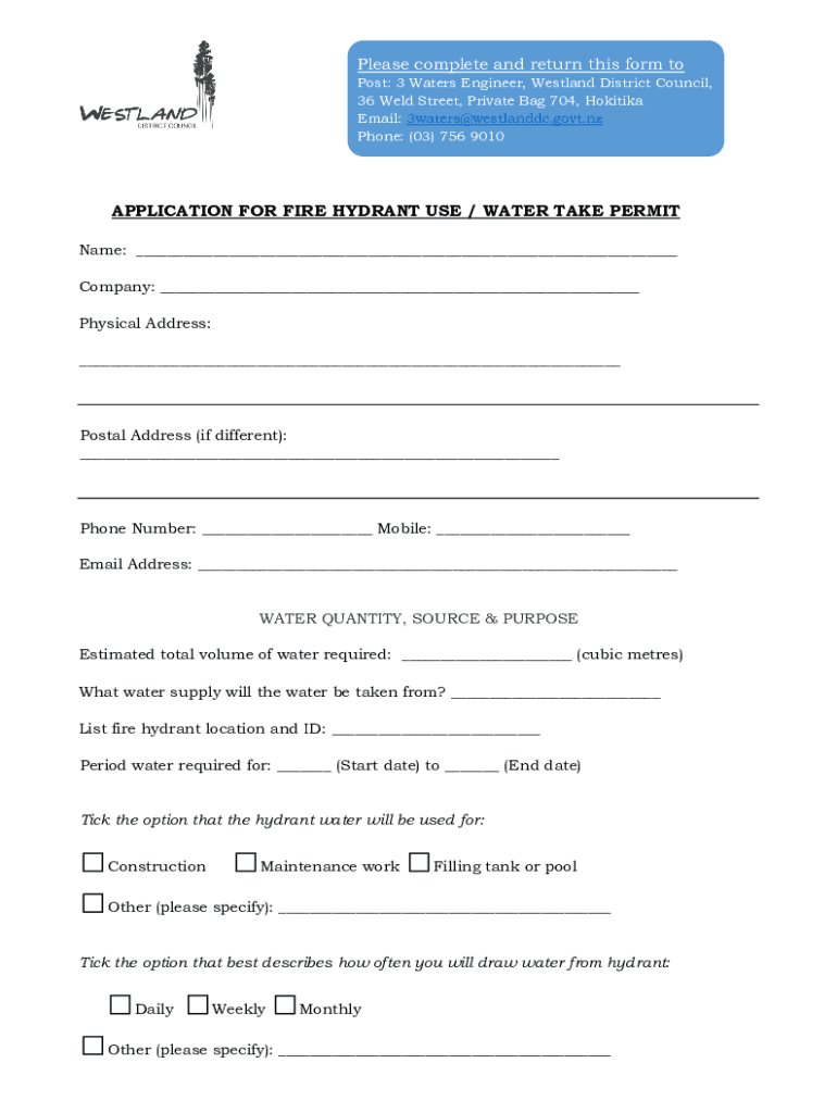 Fillable Online application for fire hydrant use / water take permit ...