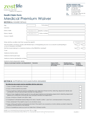 Fillable Online Death Claim Form - Medical Premium Waiver Fax Email ...