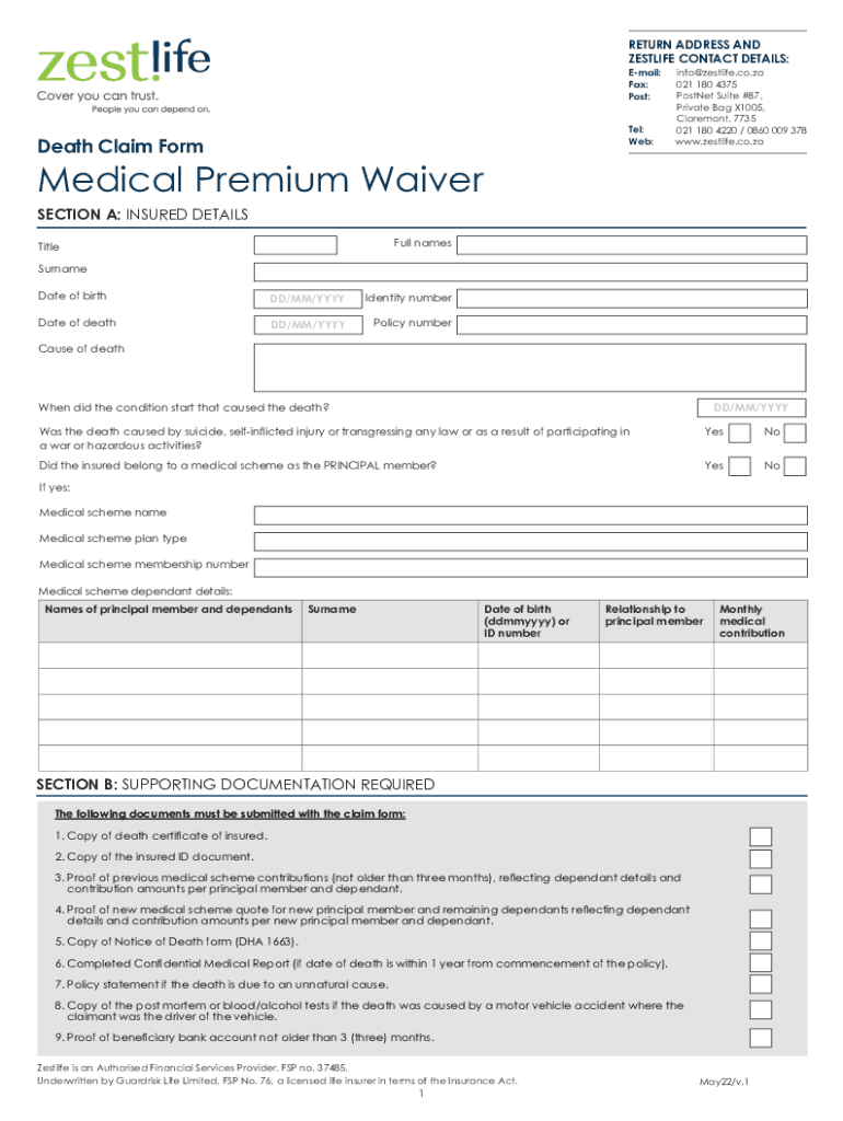 Fillable Online Death Claim Form - Medical Premium Waiver Fax Email ...