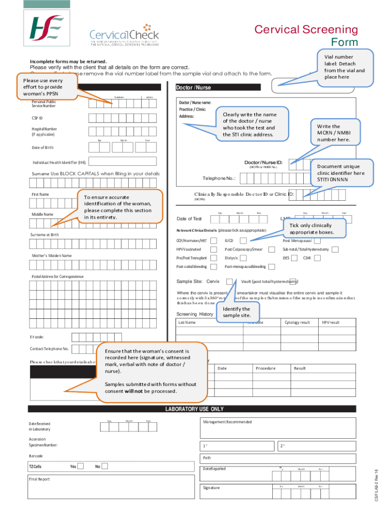 Fillable Online Guidance for acceptance of cervical screening samples ...