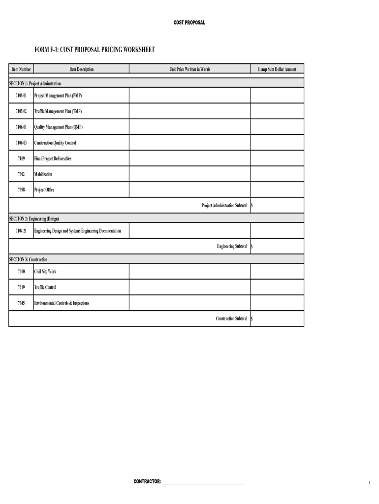 Fillable Online FORM F-1: COST PROPOSAL PRICING WORKSHEET Fax Email ...