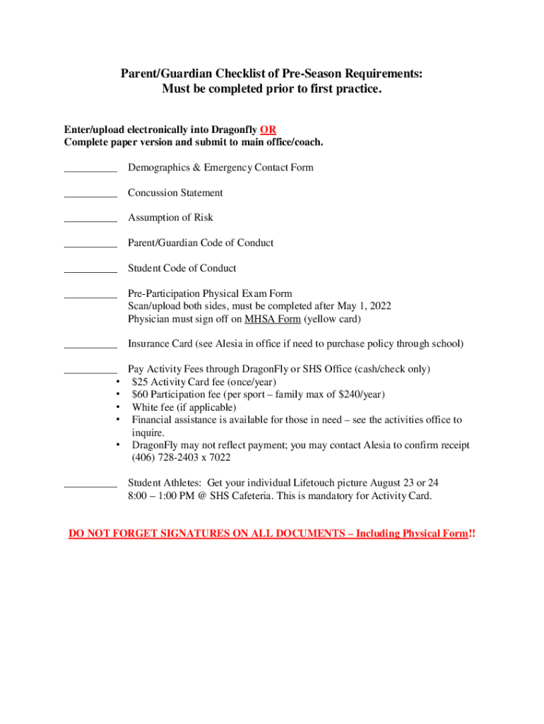 Fillable Online Parent/Guardian Checklist of Pre-Season Requirements Fax Email Print - pdfFiller