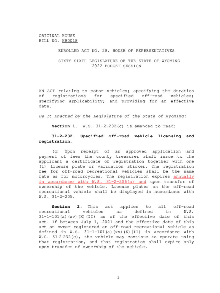 Fillable Online ORIGINAL HOUSE BILL NO. HB0018 ENROLLED ACT ... Fax ...