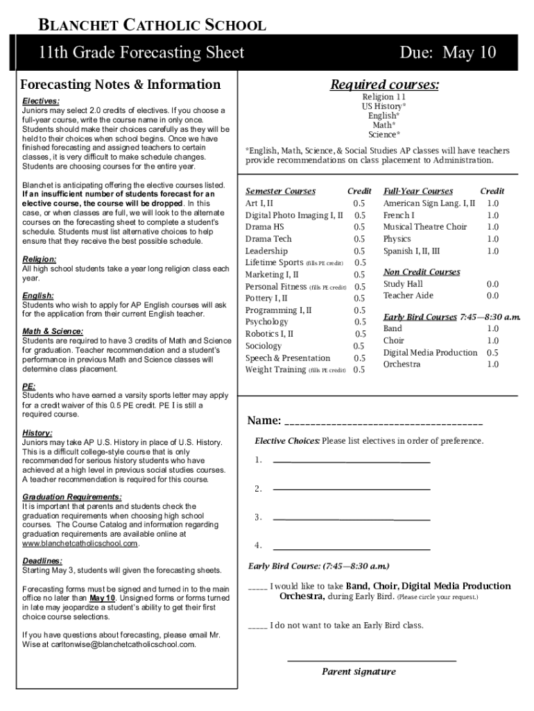 Fillable Online 11th Grade Forecasting Sheet Due: May 10 Fax Email Print - pdfFiller