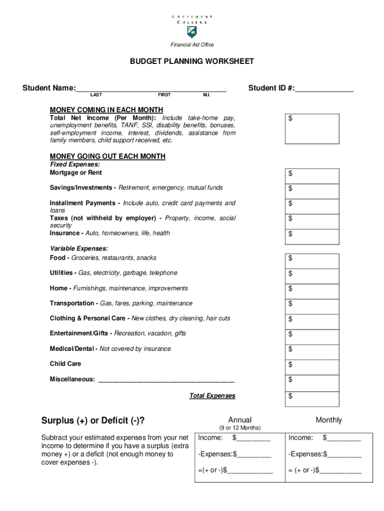 Fillable Online Student Budgeting Worksheets for Medical and Graduate ...
