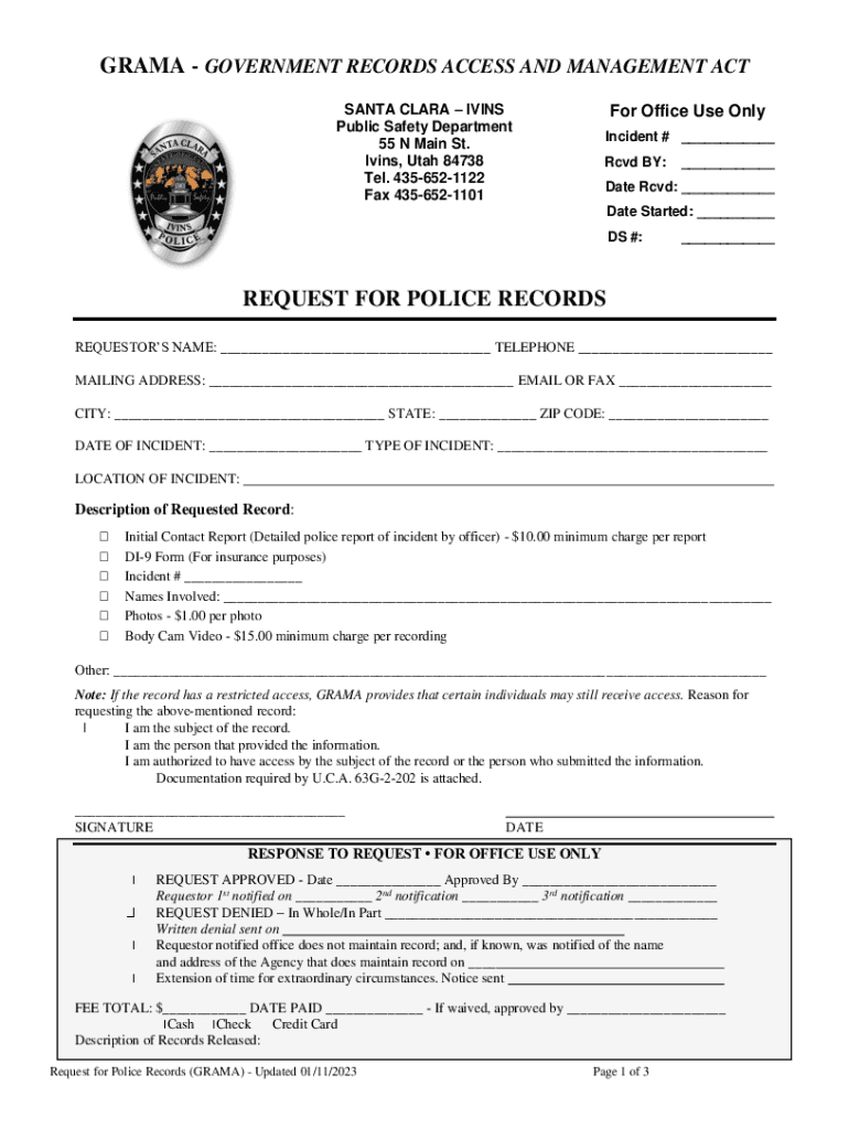 Fillable Online GRAMA-Request-for-Police-Records. ... Fax Email Print ...