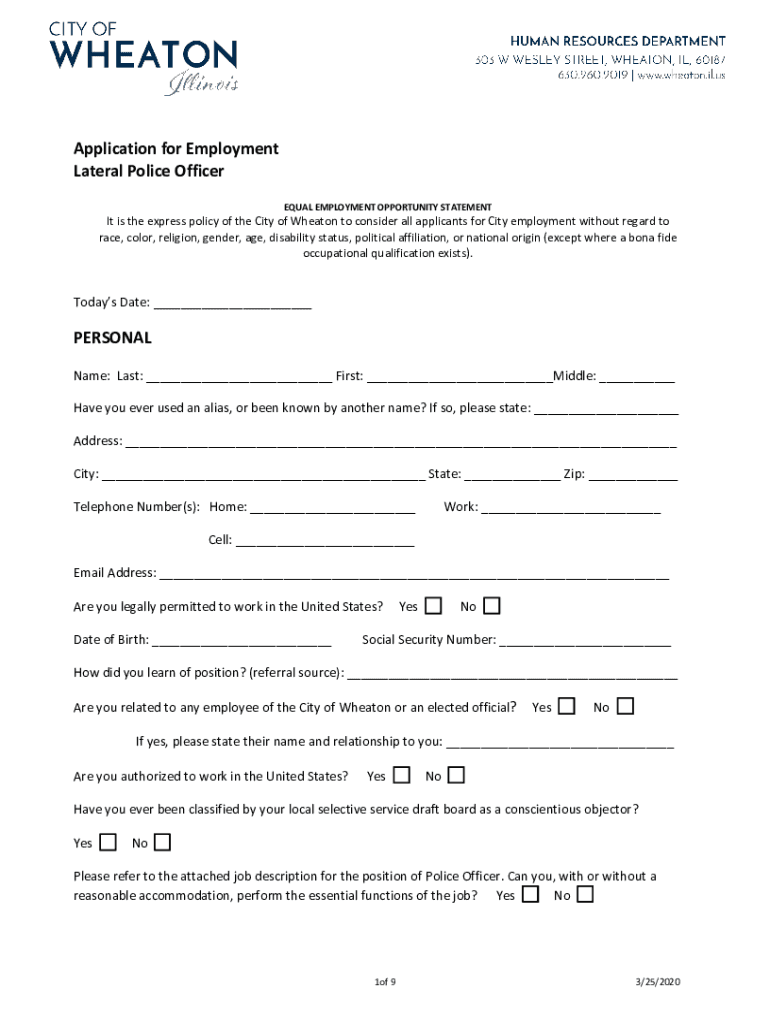 Fillable Online City of Wheaton Lateral Police Officer Application ...