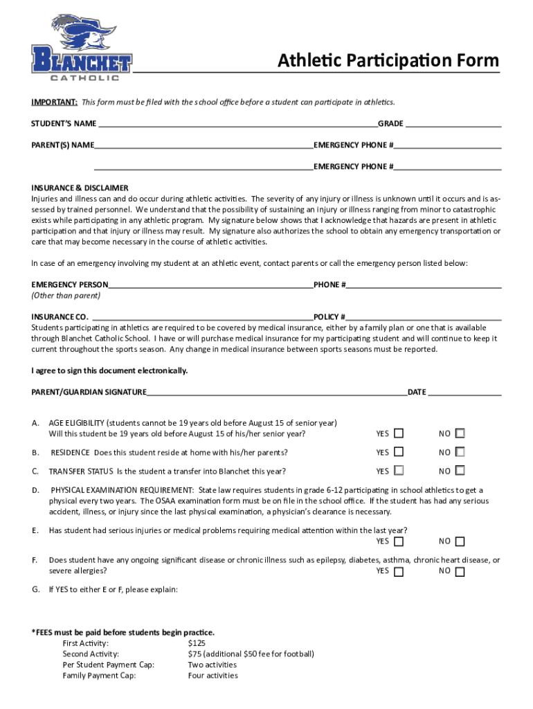 Fillable Online Athletic Participation Form Fax Email Print - pdfFiller