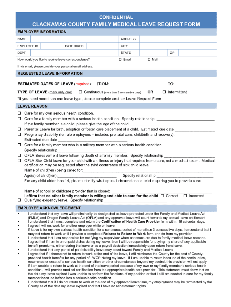 Fillable Online CLACKAMAS COUNTY FAMILY MEDICAL LEAVE REQUEST FORM Fax ...
