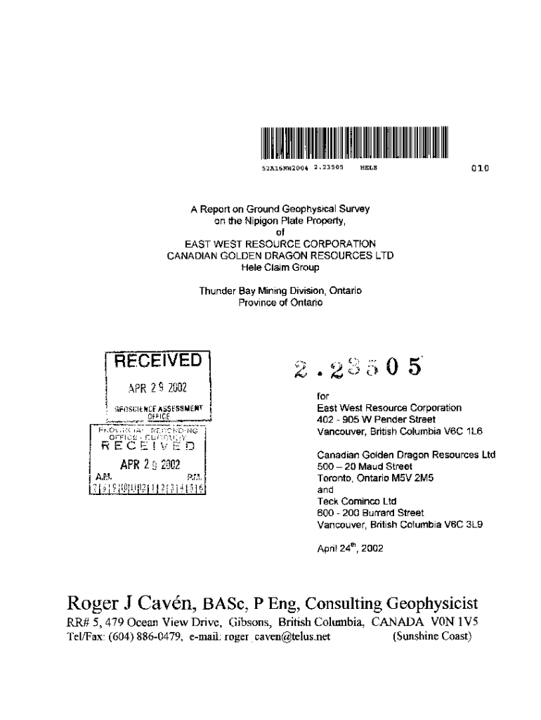 Fillable Online RPT ON GROUND GEOPHYS SURV NIPIGON PLATE PROP HELE TP ...