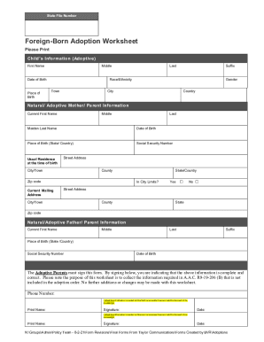 Fillable Online Foreign Born Adoption Worksheet Fax Email Print - pdfFiller