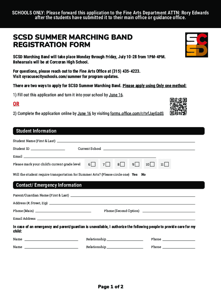 Fillable Online SCSD SUMMER MARCHING BAND REGISTRATION FORM Fax Email ...