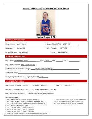 Fillable Online MYBA LADY PATRIOTS PLAYER PROFILE SHEET Justine Diegel ...