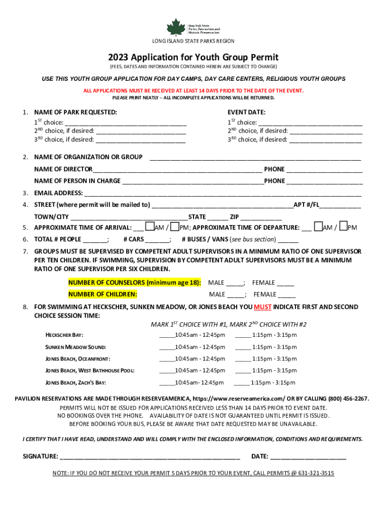 Fillable Online parks ny YOUTH GROUP PERMIT APPLICATION PACKET Parks ...