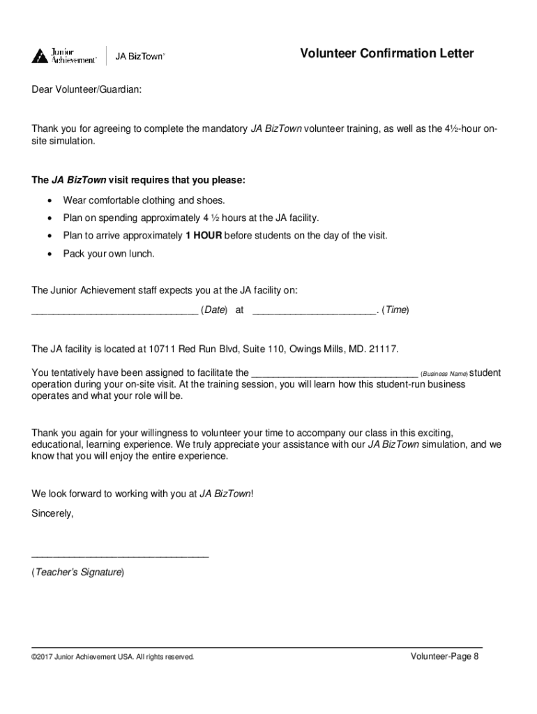 Fillable Online JA BizTown Volunteer Confirmation Letter Fax Email ...