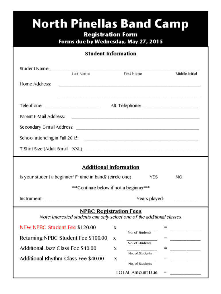Fillable Online RegisterTreasure Coast Summer Band Camp Fax Email Print ...