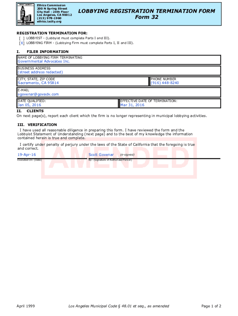 Fillable Online ethics lacity LOBBYING REGISTRATION TERMINATION FORM ...