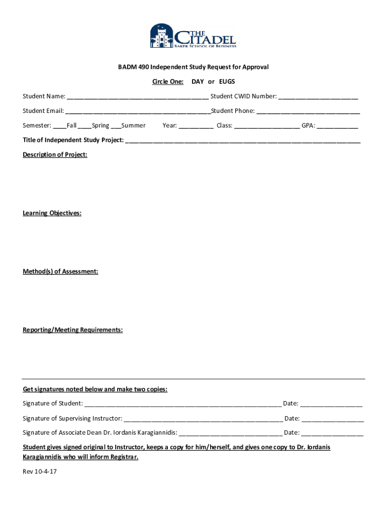 Fillable Online BADM 490 Independent Study Request for Approval Fax Email Print - pdfFiller