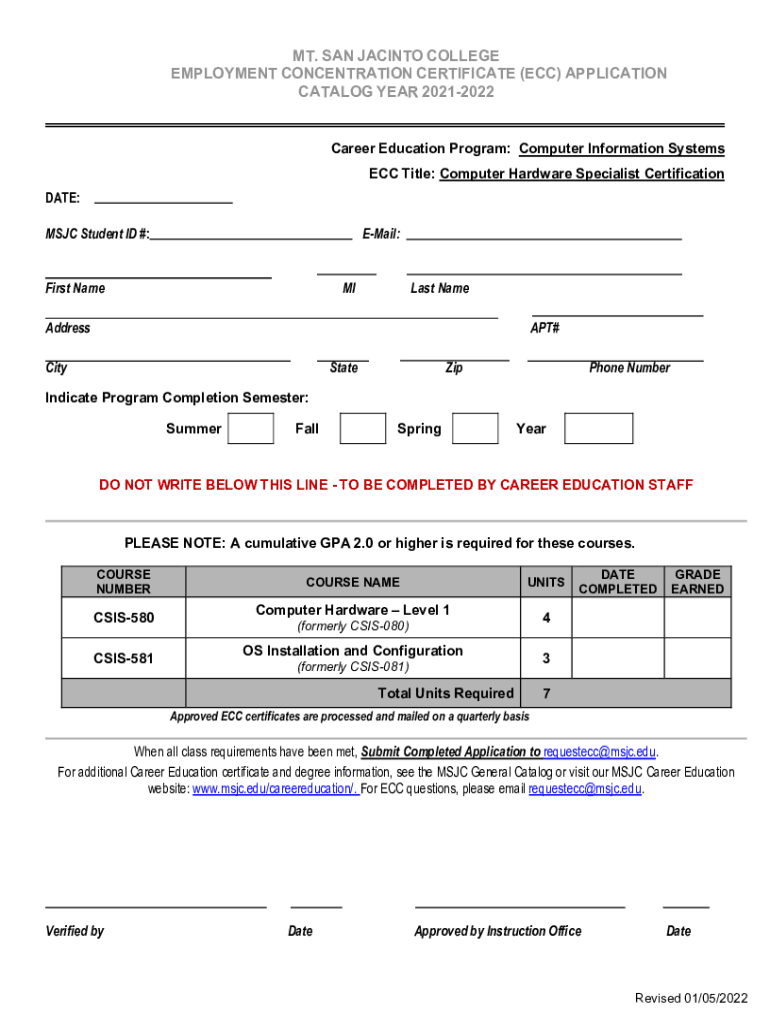 Fillable Online MSJC ECC Application CSIS Computer Hardware Specialist Certification Fax Email ...