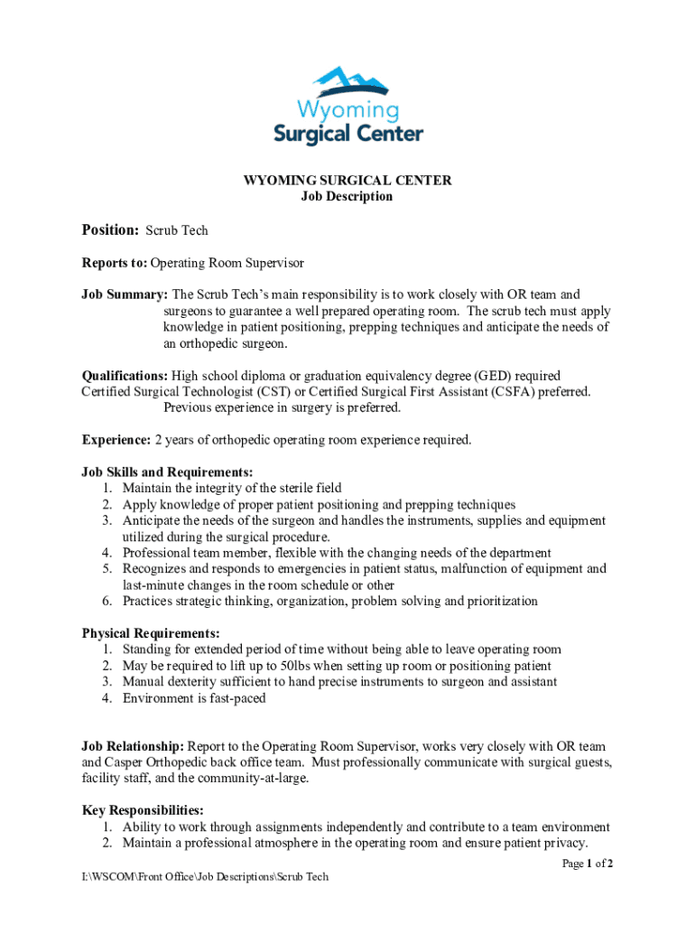 Fillable Online Surgical Technologist Job Description Template Fax ...