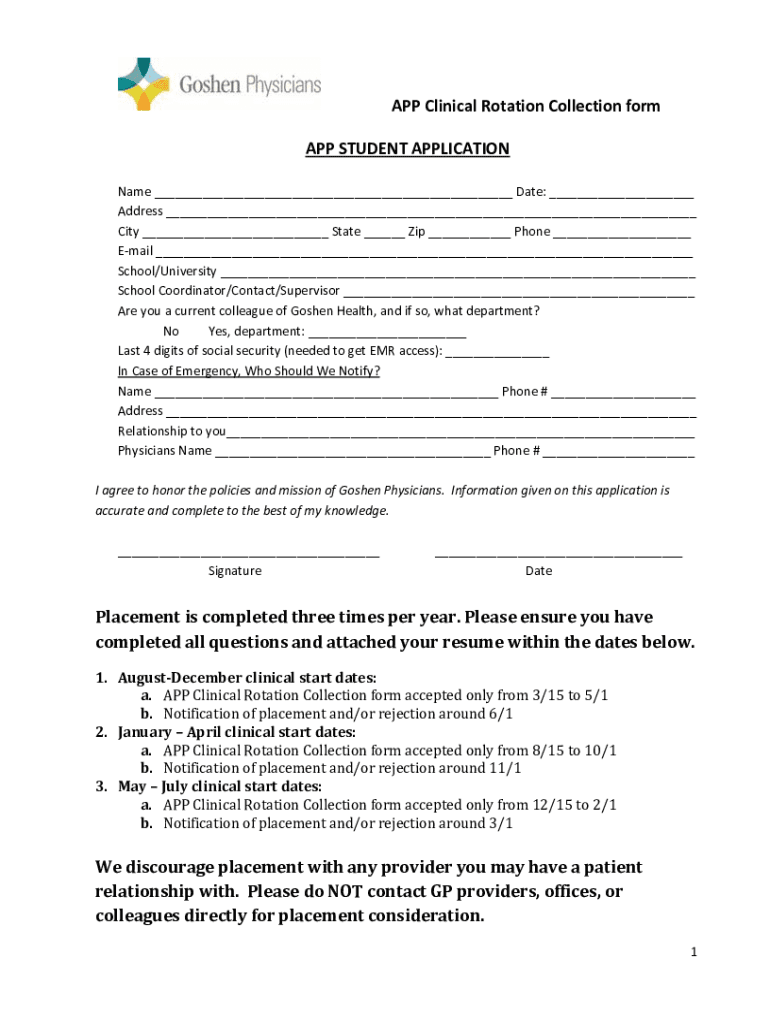Fillable Online APP Clinical Rotation Collection form APP STUDENT APPLICATION ... Fax Email ...