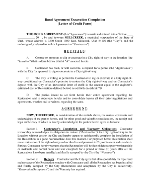 Fillable Online Bond Agreement Excavation Completion (Letter of Credit ...