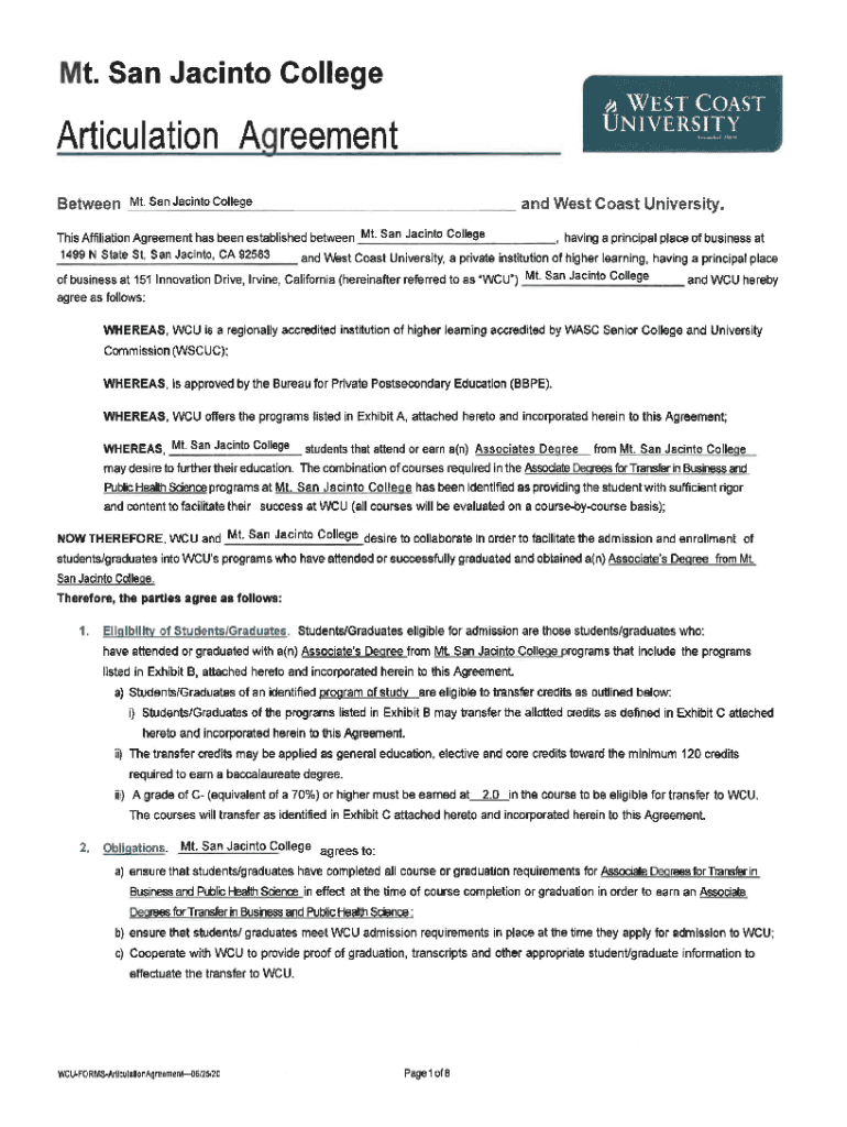 Fillable Online West Coast University and MSJC Articulation Agreement Fax Email Print - pdfFiller