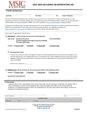 Fillable Online MSJC Financial Aid Declining or Reinstating Aid Fax Email Print - pdfFiller