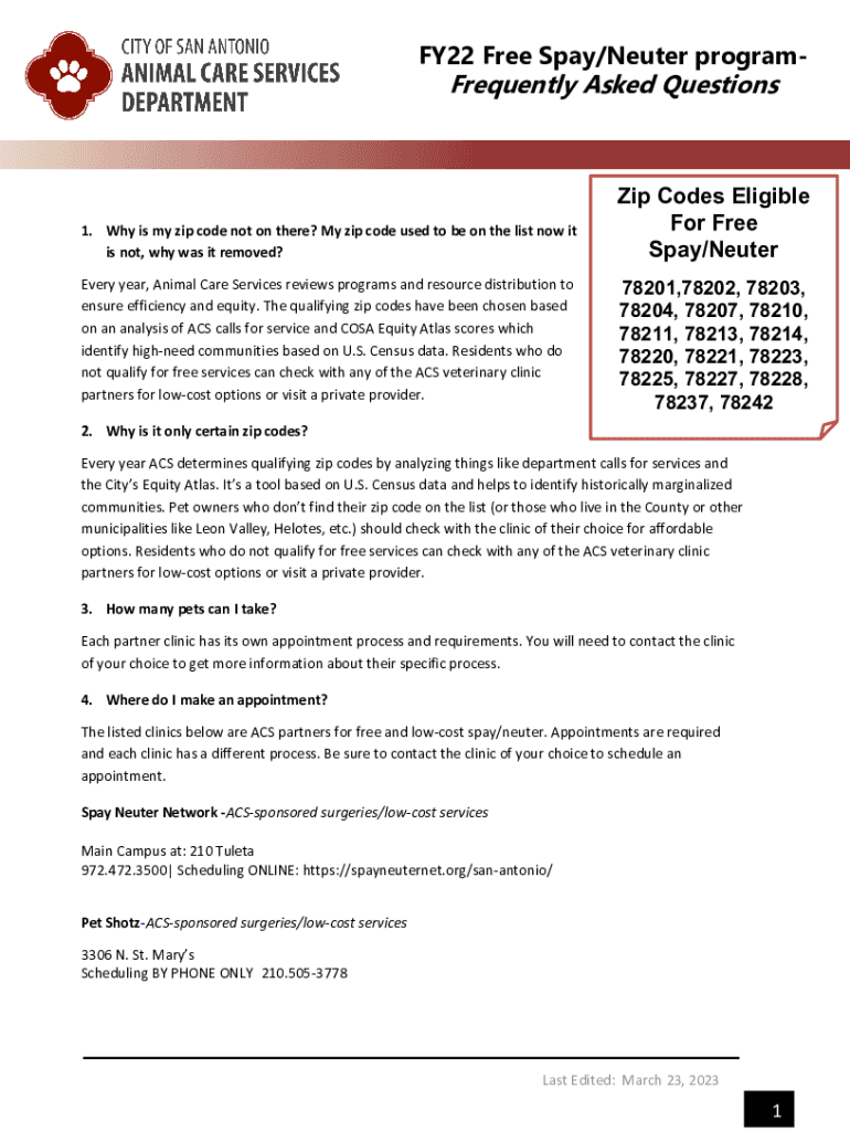 Fillable Online Free Spay And Neuter San Antonio Zip Codes Fax Email ...