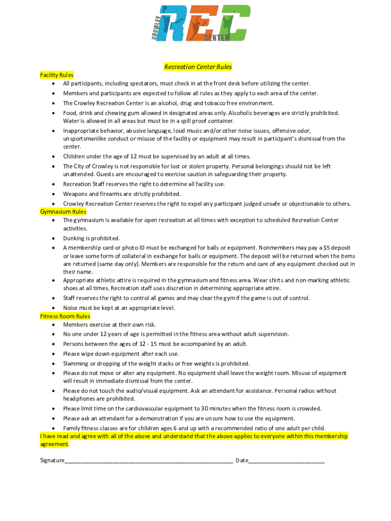 Fillable Online Recreation Center Rules Membership signature form Fax ...