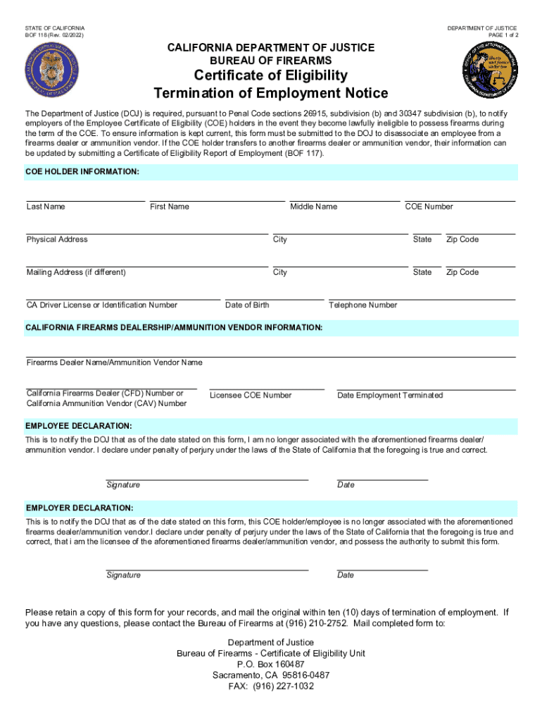 Fillable Online oag ca BOF 118 Certificate of Eligibility Termination ...