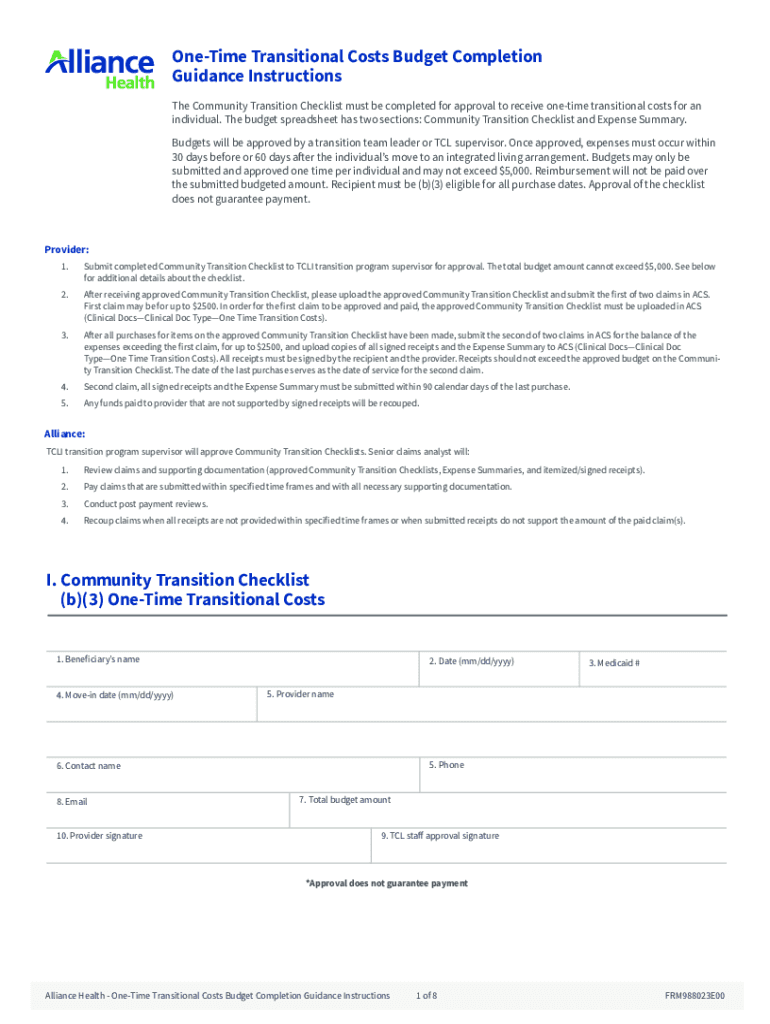 Fillable Online One-Time Transitional Costs Budget Form. Cost-tracking ...