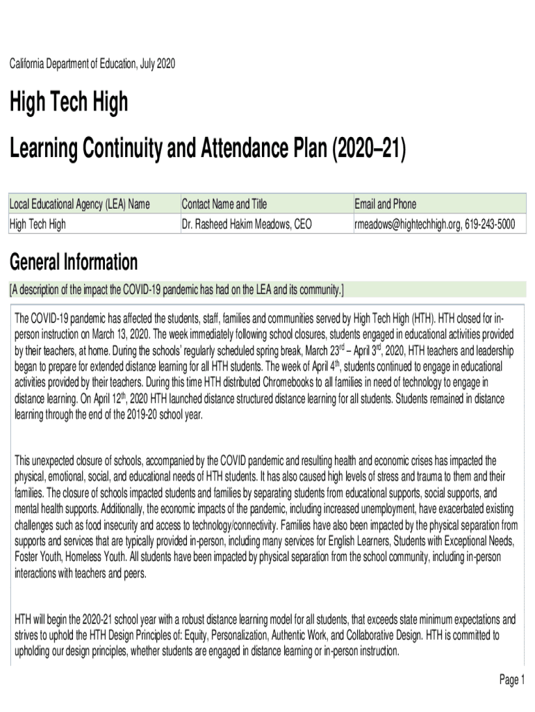 Fillable Online HTH Learning Continuity and Attendance Plan (202021 ...