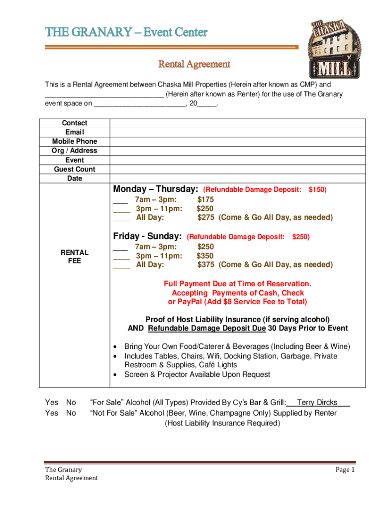 Fillable Online THE GRANARYEvent Center - Rental Agreement Fax Email ...