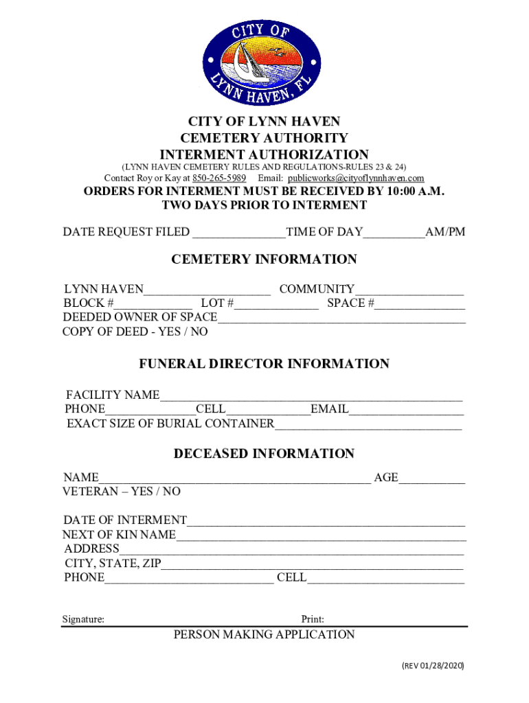 Fillable Online Cemetery interment form Fax Email Print - pdfFiller
