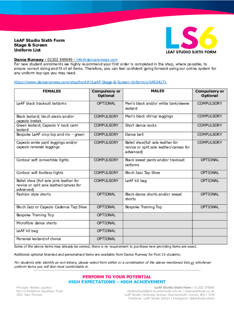 Fillable Online HIGH ACHIEVEMENT LeAF Studio Sixth Form Stage & Screen ...