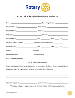 Fillable Online Rotary Club of Springfield Membership Application Fax ...