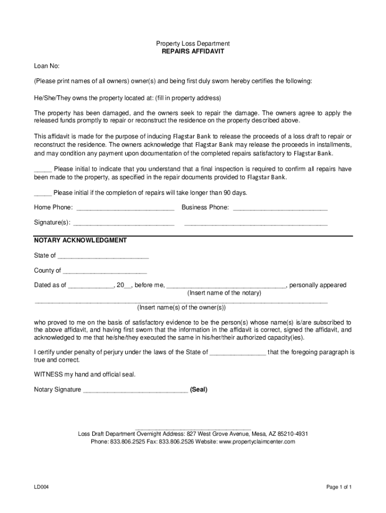 Fillable Online Property Loss Department REPAIRS AFFIDAVIT Loan No ...