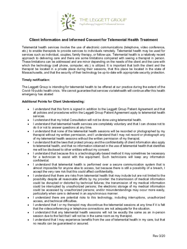 Fillable Online Informed Consent for TeleMental Health Services Fax ...