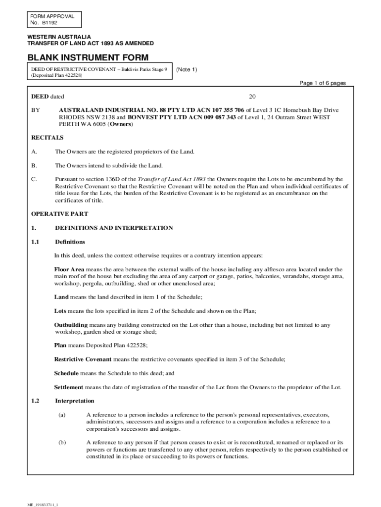 Fillable Online DEED OF RESTRICTIVE COVENANT Baldivis Parks Stage 9 Fax ...
