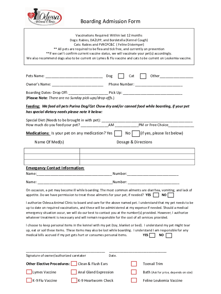 Fillable Online AUTHORIZATION FOR BOARDING **If vaccines are not ... Fax Email Print - pdfFiller