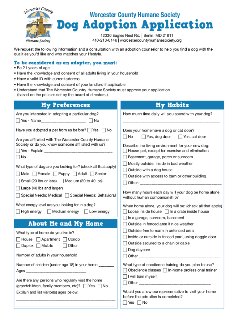 Fillable Online Canine (Dog) Adoption Application Fax Email Print ...
