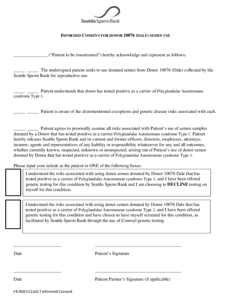 Fillable Online informed consent for donor 10076 (dale) semen use Fax ...