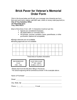 Fillable Online Brick Paver for Veteran's Memorial Order Form Fax Email ...